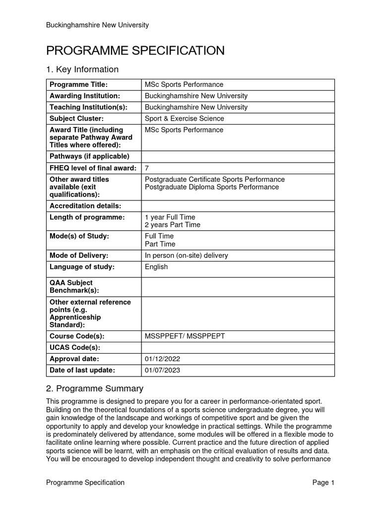 MSC Sports Performance Programme Specification | PDF | Learning ...