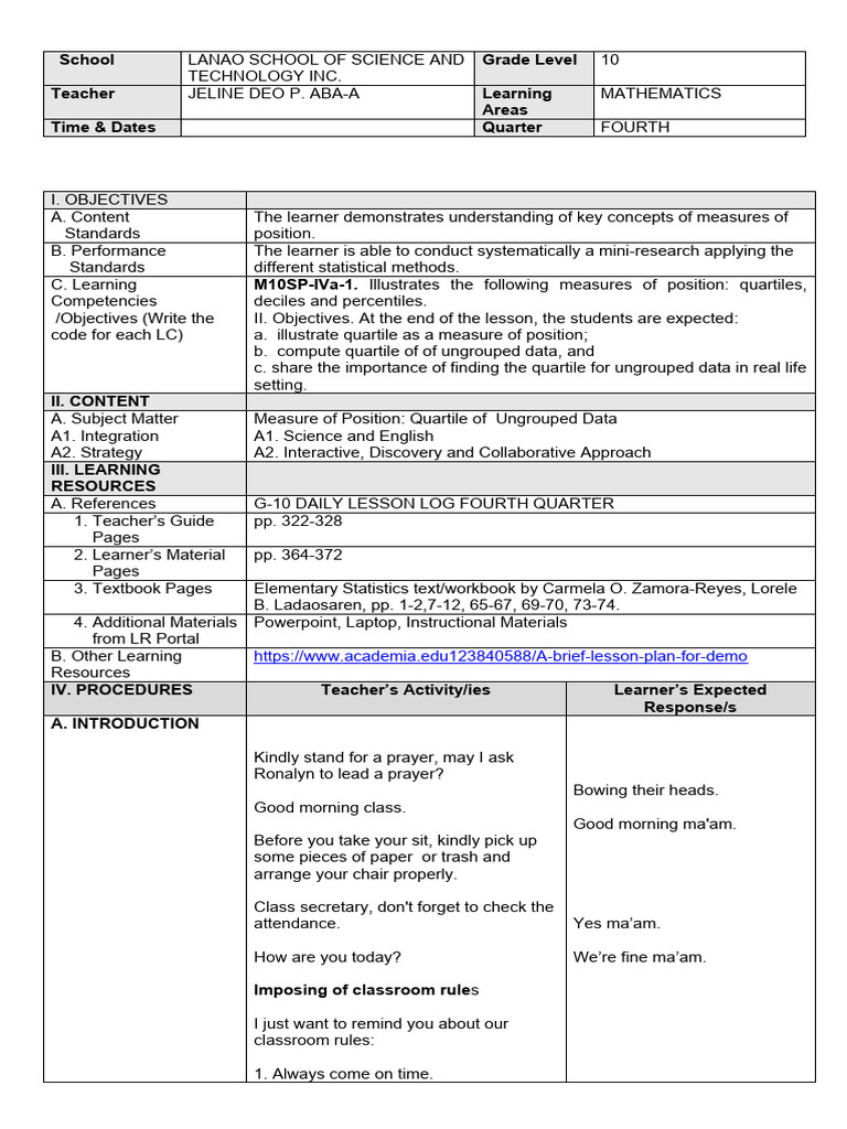 3Is lesson plan | PDF | Quartile