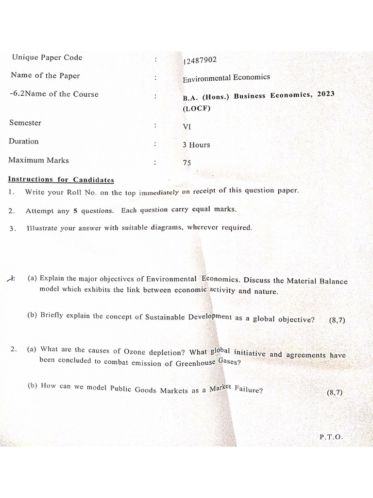 DSE Envt Eco - CBCS 2023 Paper 1 | PDF