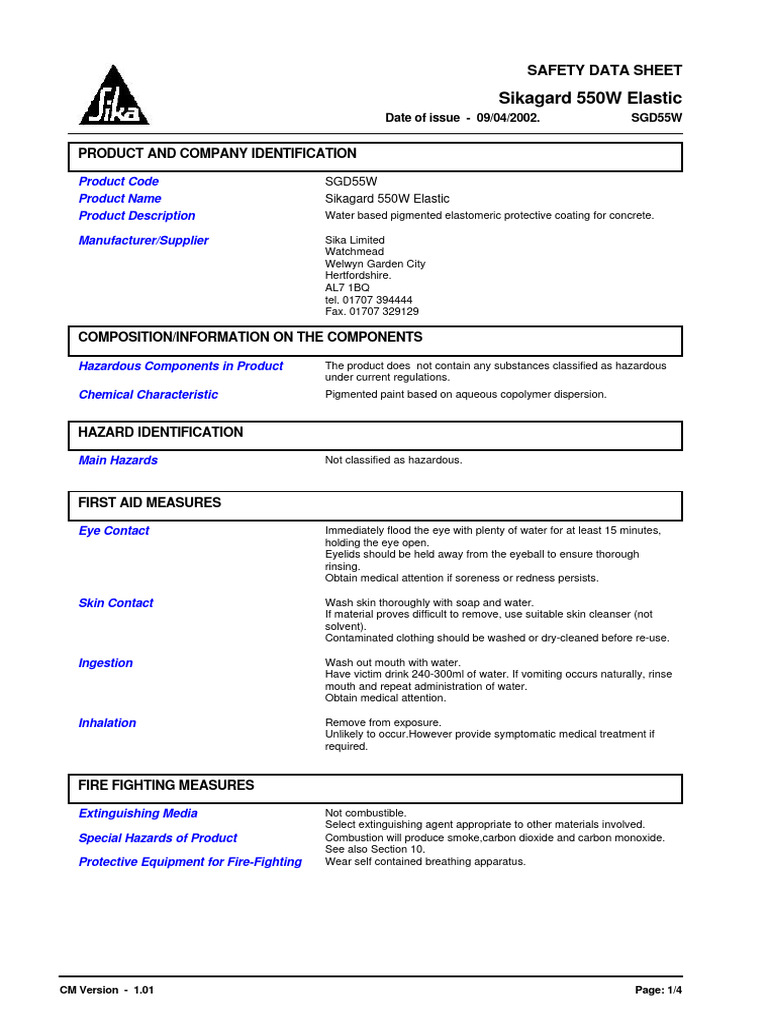 Sikagard 550W Safety Sheet | PDF | Water | Safety