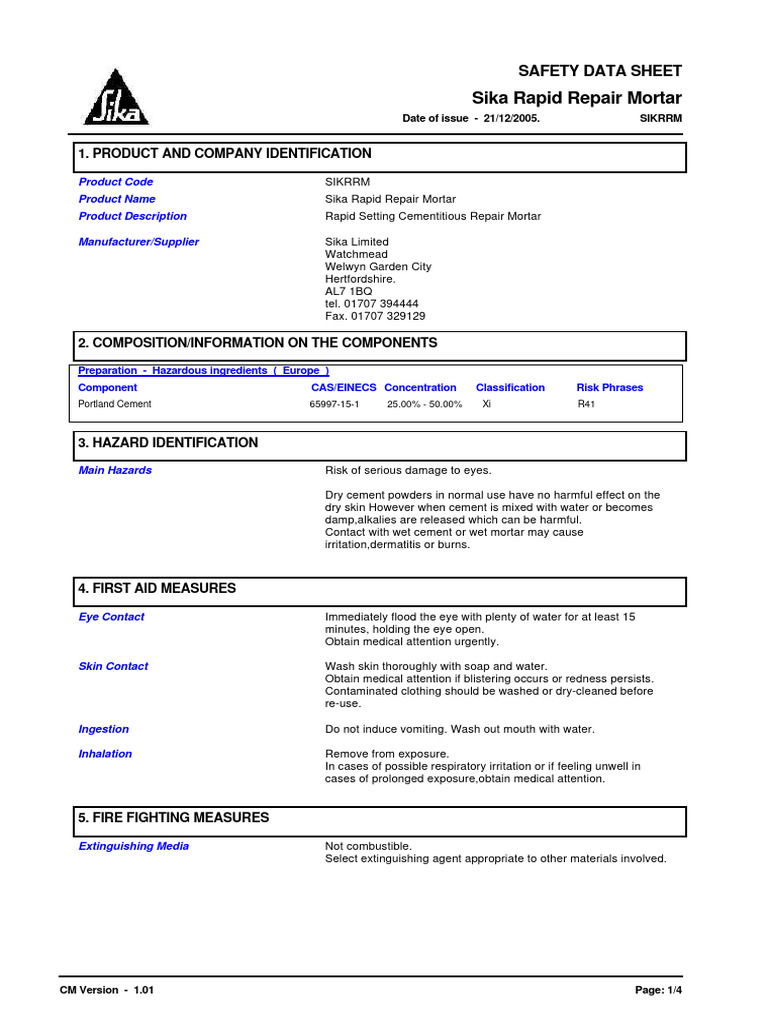 [Sika] Sika Rapid Repair Mortar Safety Data Sheet | PDF | Safety ...