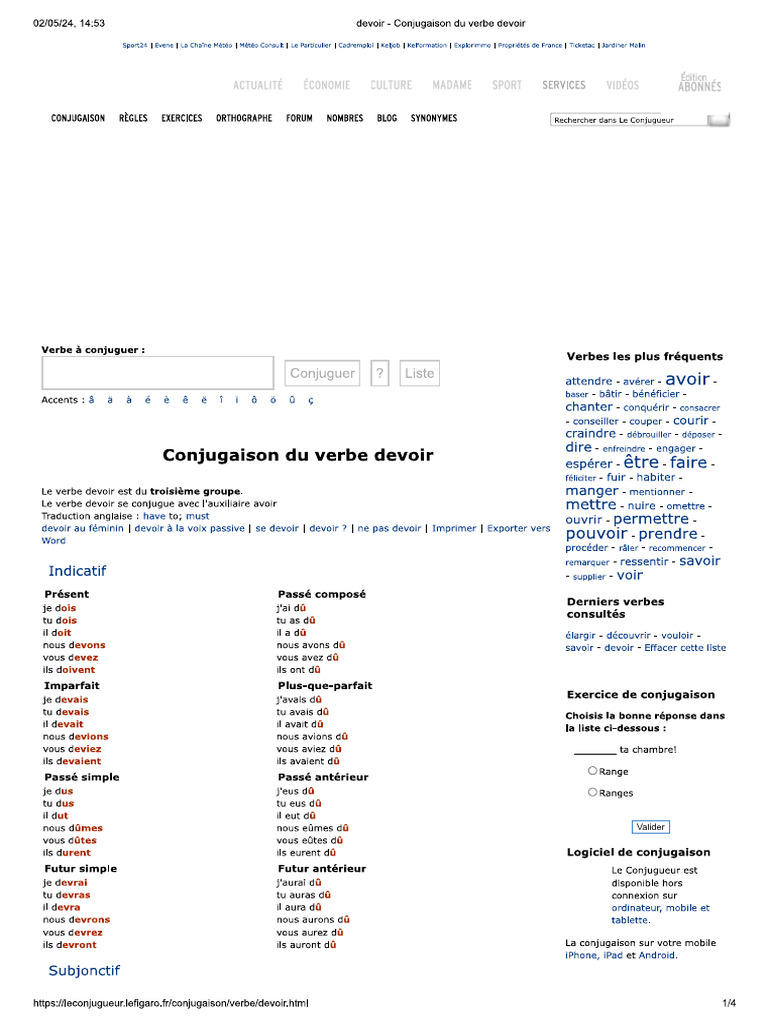 Conjugaison Du Verbe Devoir | PDF