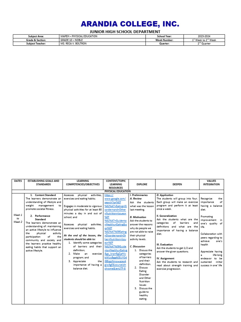 LP - PE 2nd Quarter | PDF | Physical Education | Learning