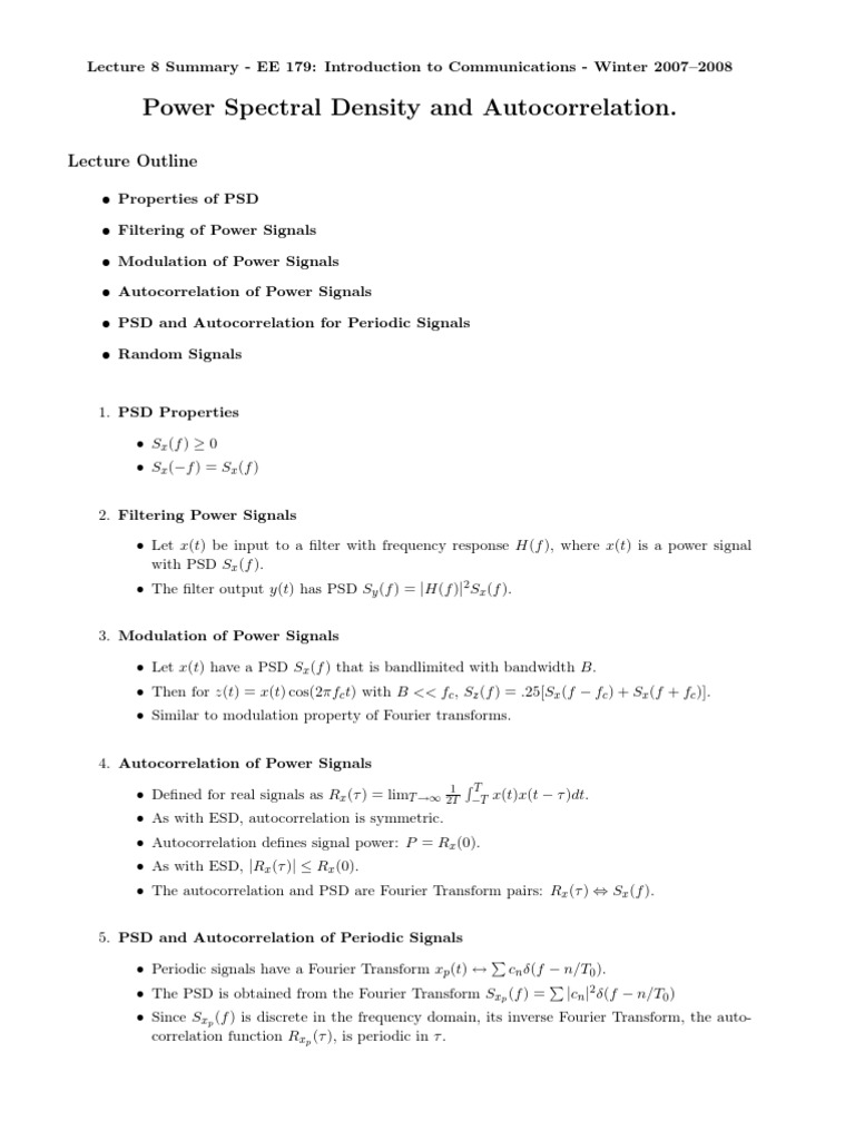Power Spectral Density And Auto Correlation Pdf Spectral Density Autocorrelation