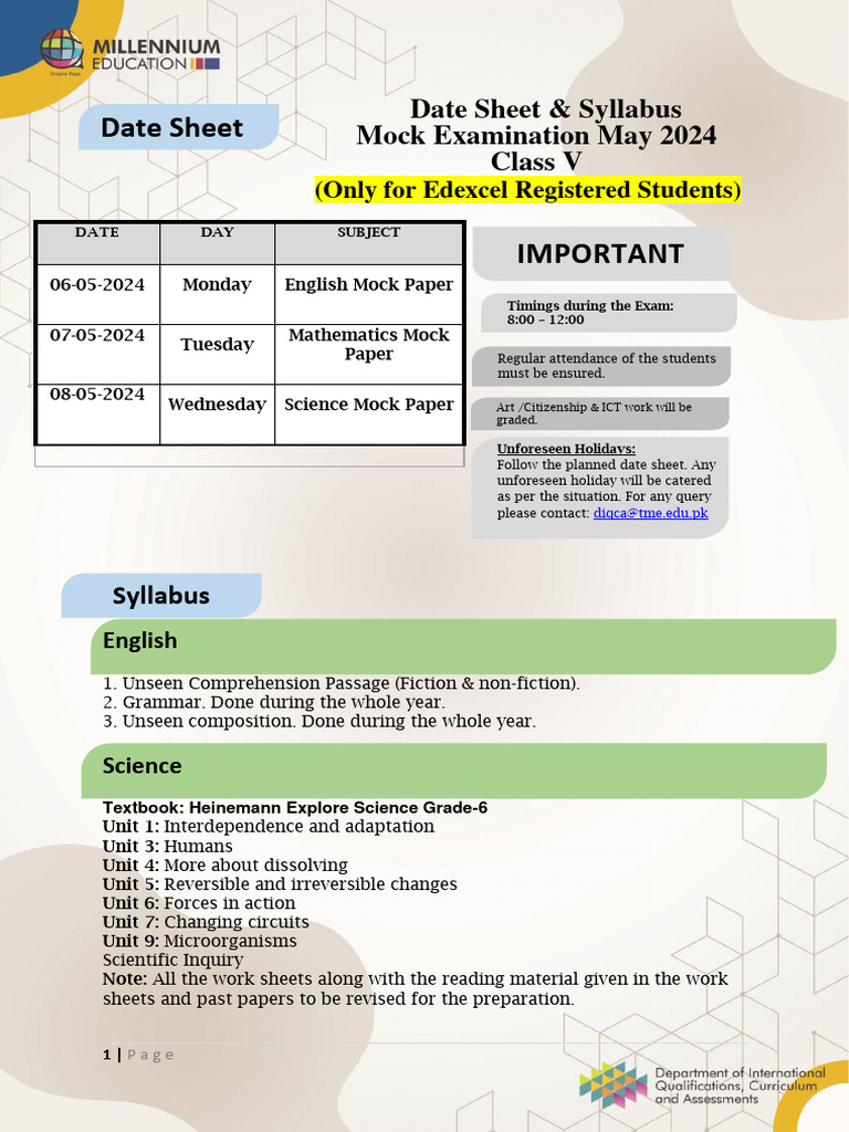 Grade 5 Date Sheet and Syllabus Mock Examination May 2024 Edexcel ...