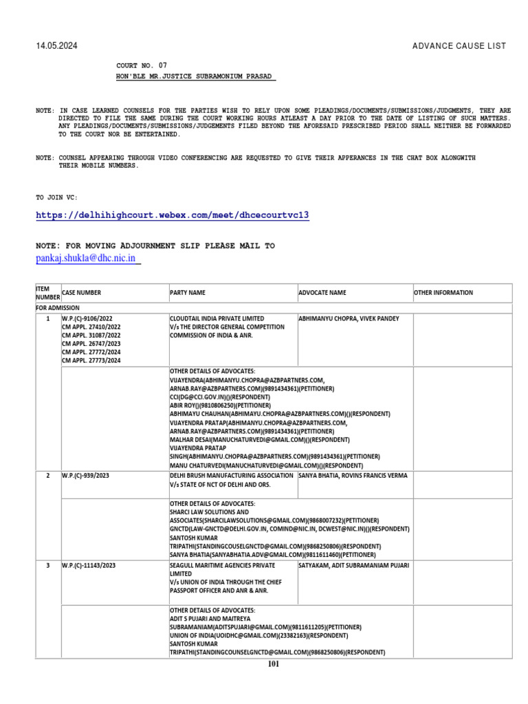 Delhi High Court Advance Cause List | PDF