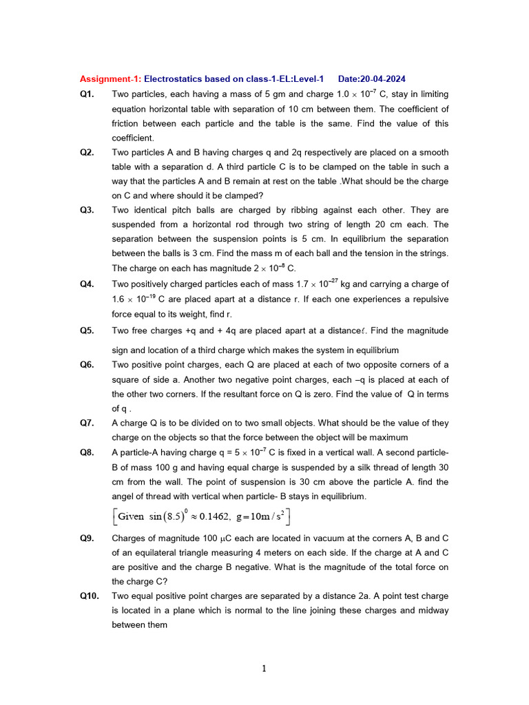 Electrostatics Assignment Solutions | PDF | Force | Physics