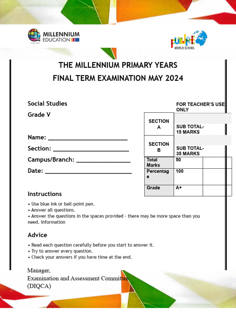 Social Studies Exam Grade 5 Roots Millennium Schools 2024 May | PDF ...