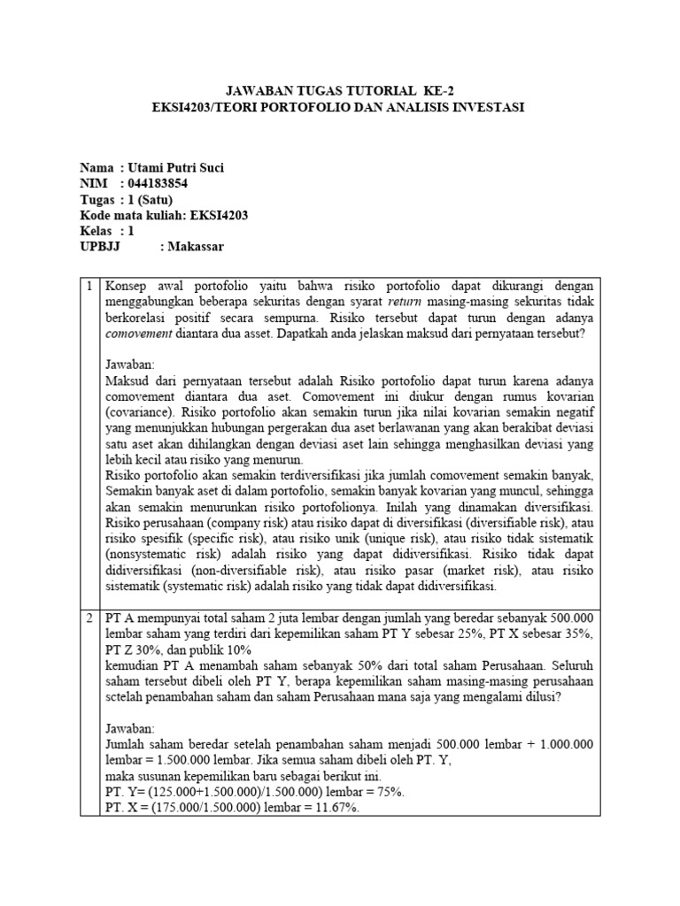 Jawaban Tugas 2 Eksi4203 Teori Portofolio Dan Analisis Investasi | PDF | Bisnis | Pengelolaan ...