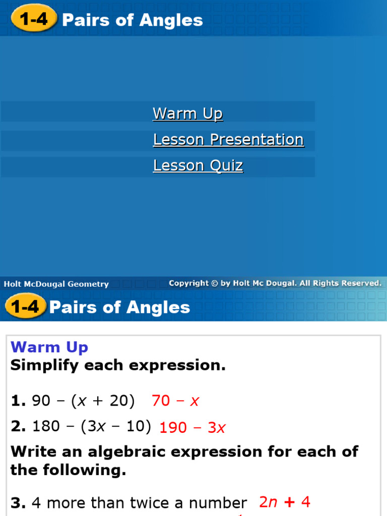 1-4 Pairs of Angles | PDF | Angle | Line (Geometry)