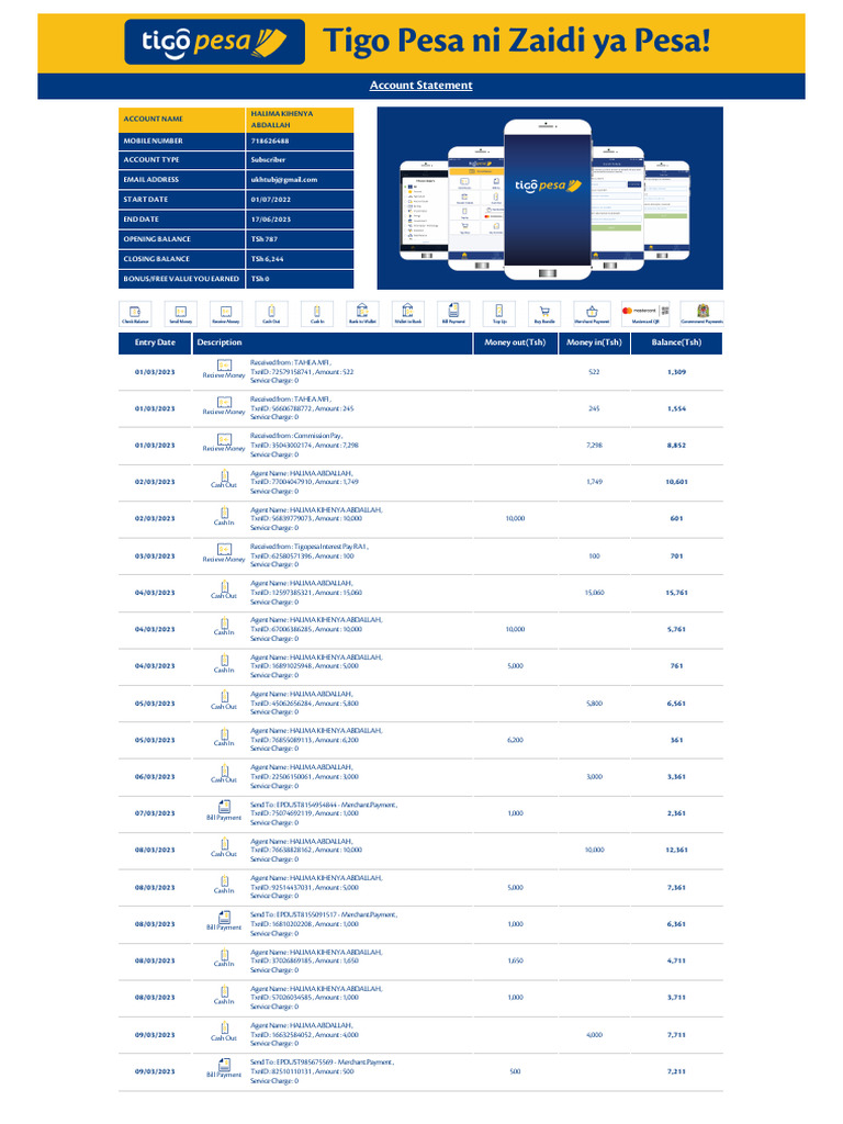 Tigo Pesa Account Statement | PDF | Cash | Fee