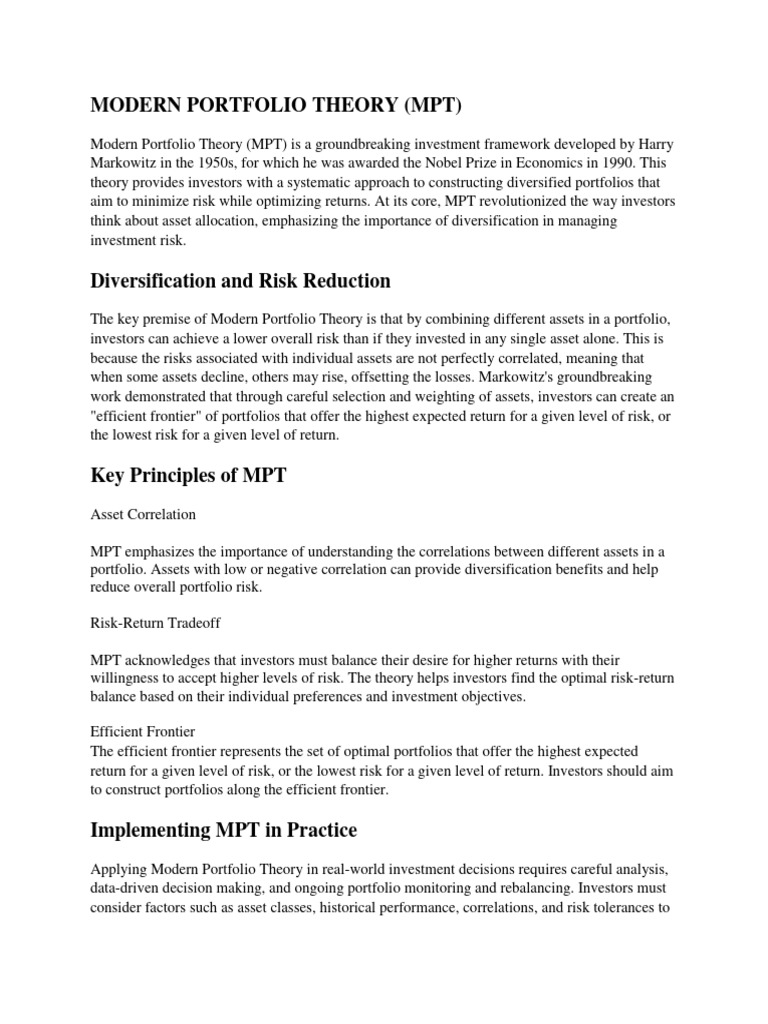 Modern Portfolio Theory Pdf Modern Portfolio Theory Financial Risk