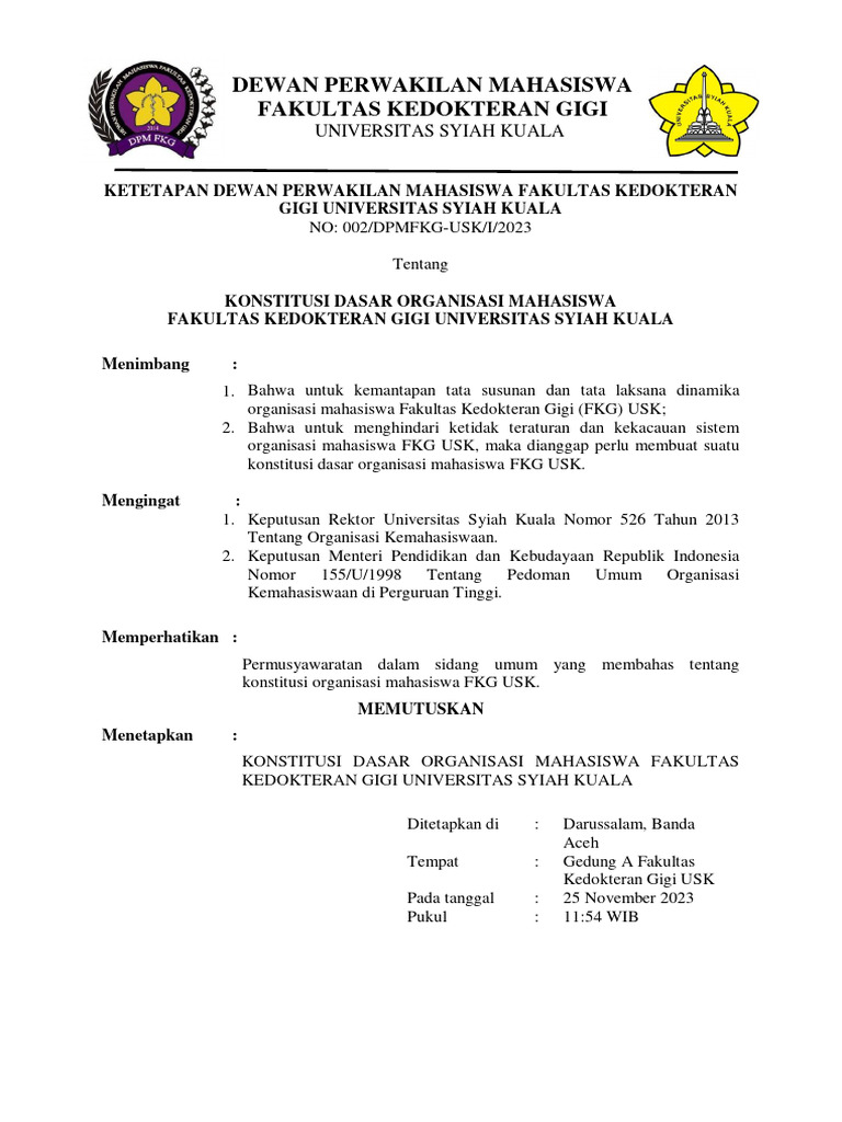 2 Amandemen Anggaran Dasar (AD) DPM FKG USK 2023 | PDF