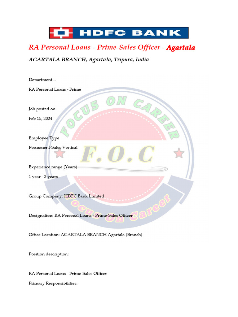 Sales Officer Job in Agartala | PDF