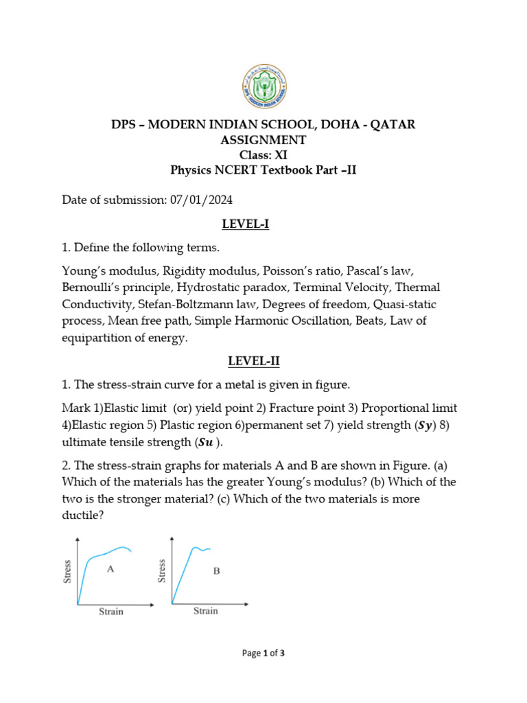 Class XI Physics Assignment - DPS Doha | PDF | Waves | Heat