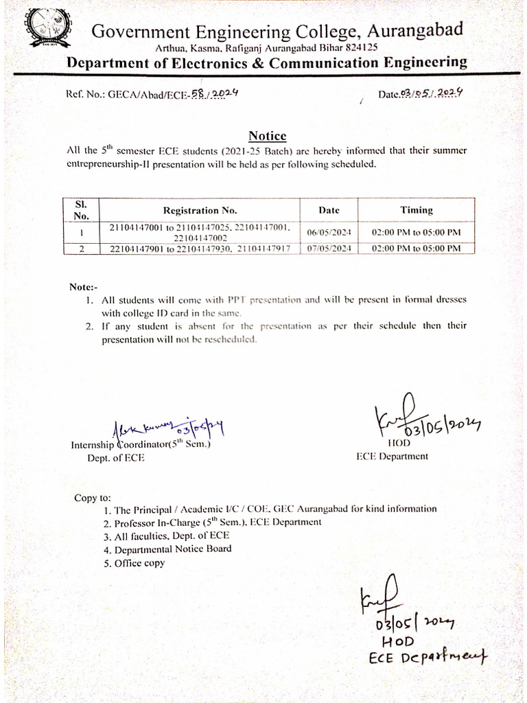 Internship Presentation Schedule 5th Sem. | PDF