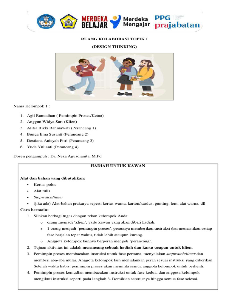 Design Thinking - Ruang Kolaborasi Topik 1 - Kelompok 1 - PPG PGSD B 2023-2024 | PDF | Seni