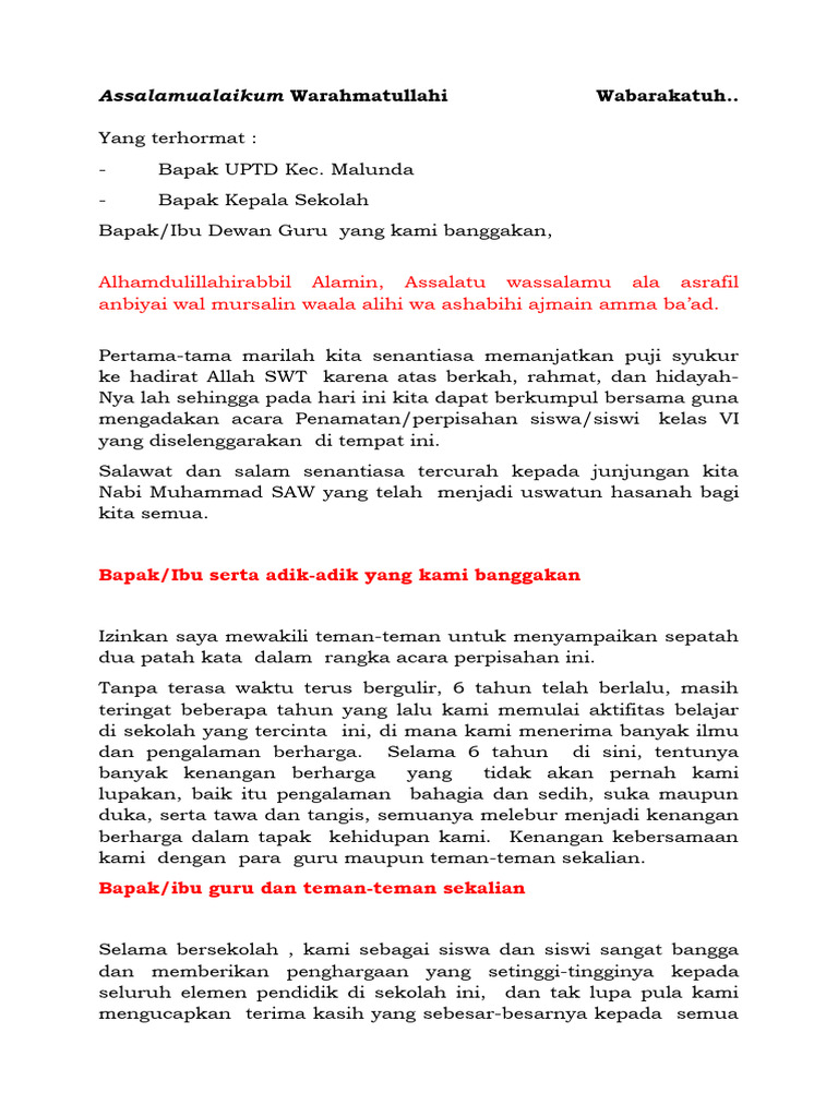 Kesan dan Pesan Perpisahan Kelas VI | PDF