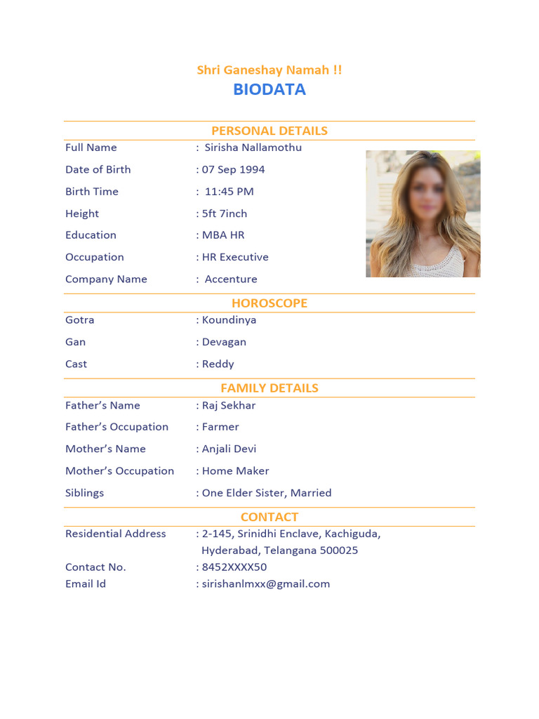 Marriage Biodata Format For Indian Girl | PDF