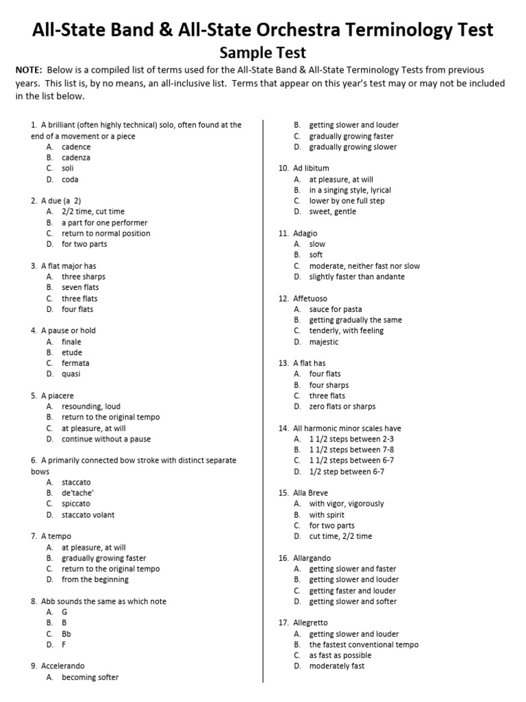 All-State Band & Orchestra Terminology Test | PDF | Tempo | Musical Forms