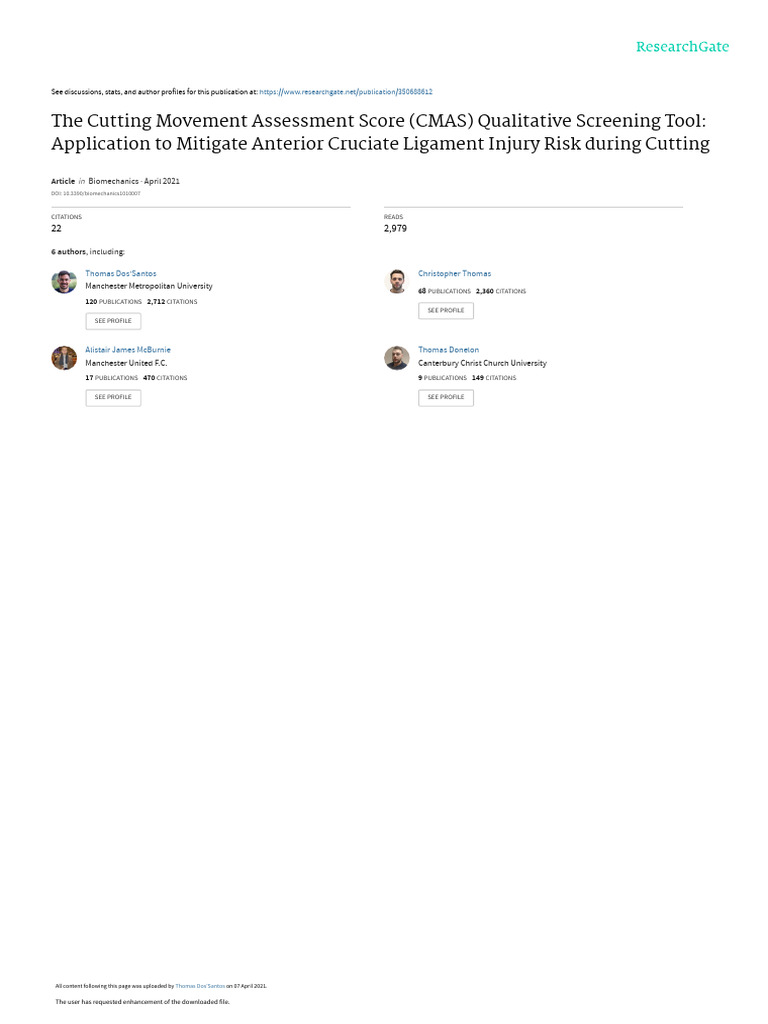 The Cutting Movement Assessment Score CMAS Qualitative Screening Tool ...