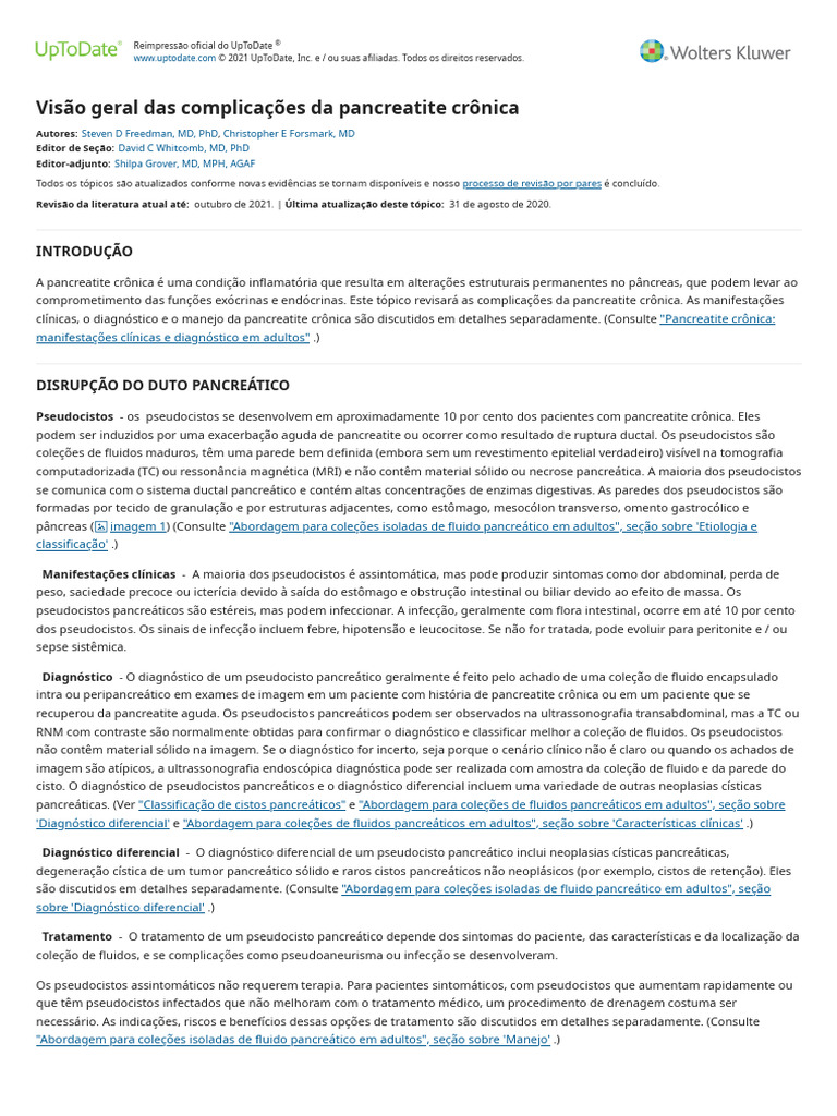 Overview of The Complications of Chronic Pancreatitis - UpToDate | PDF ...