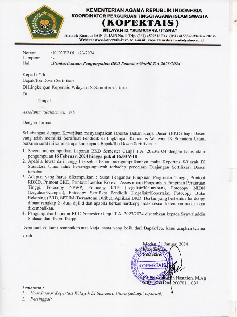 Model surat Pemberitahuan BKD Semester Ganjil 2023-2024 | PDF