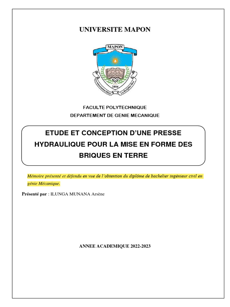 Etude Et Dimensionnement D Une Presse Hydraulique - Copie | PDF ...