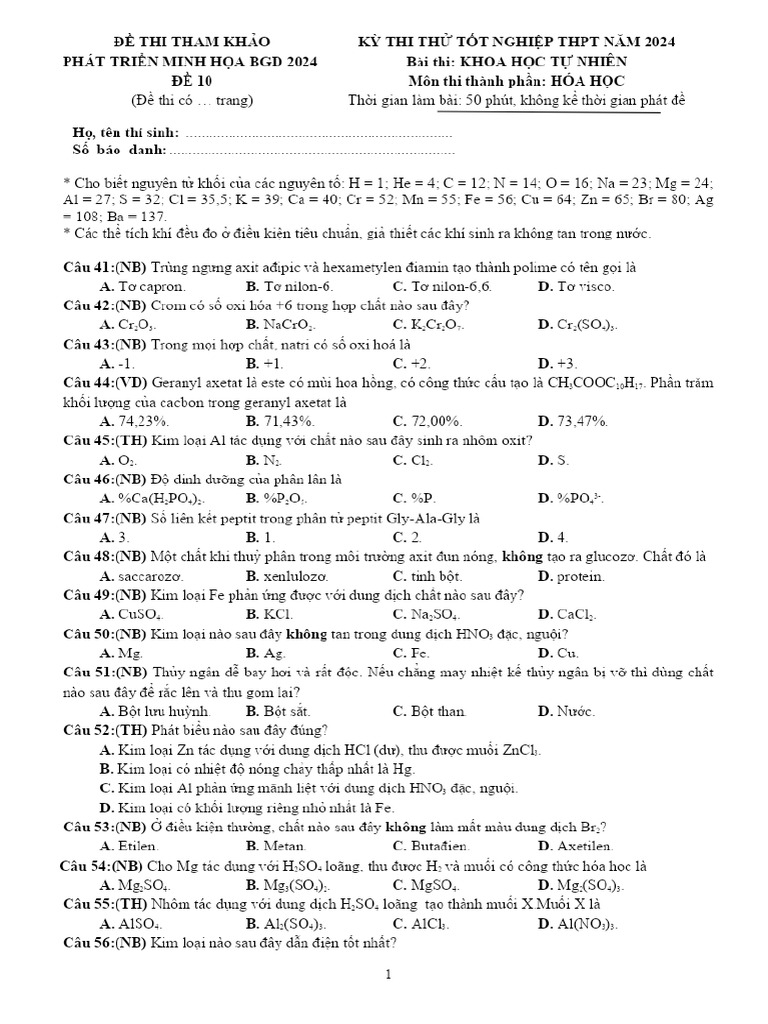 10 de Thi Thu Bam Sat Cau Truc de Minh Hoa TN THPT 2024 Mon Hoa Hoc de 10 File Word Co Loi ...