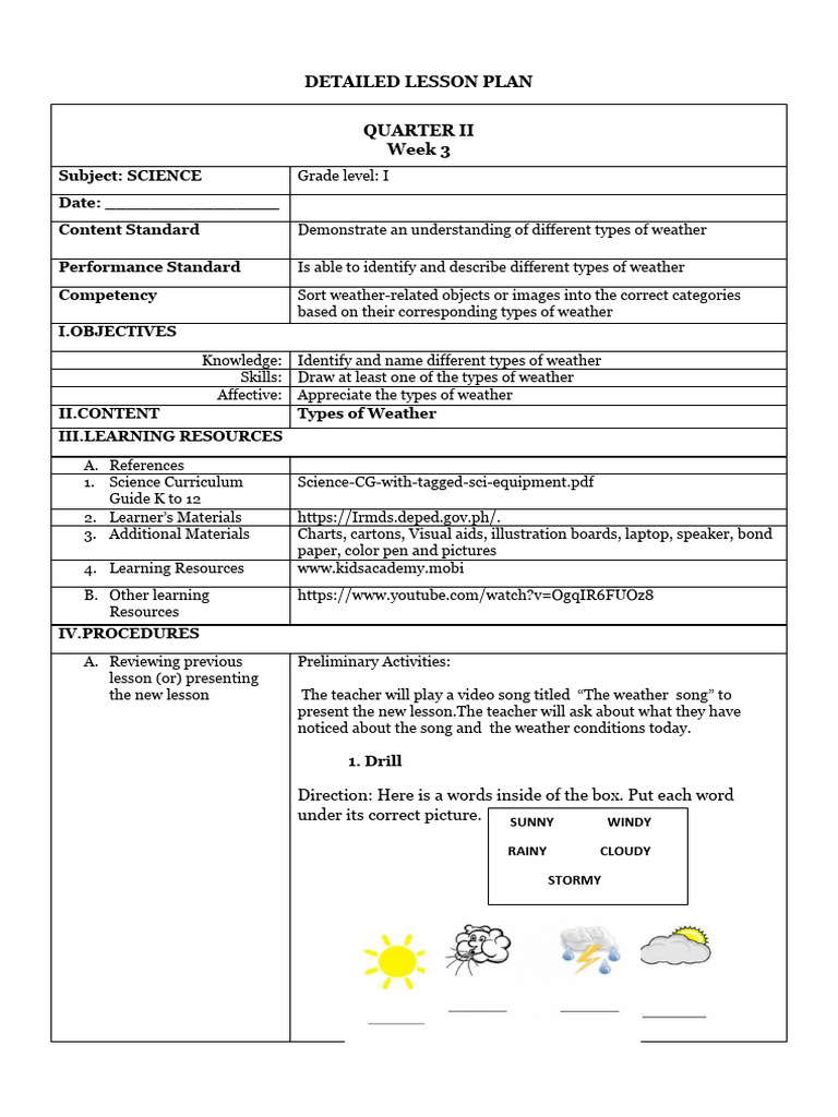 Grade 1 Science Weather Lesson Plan | PDF | Rain | Weather