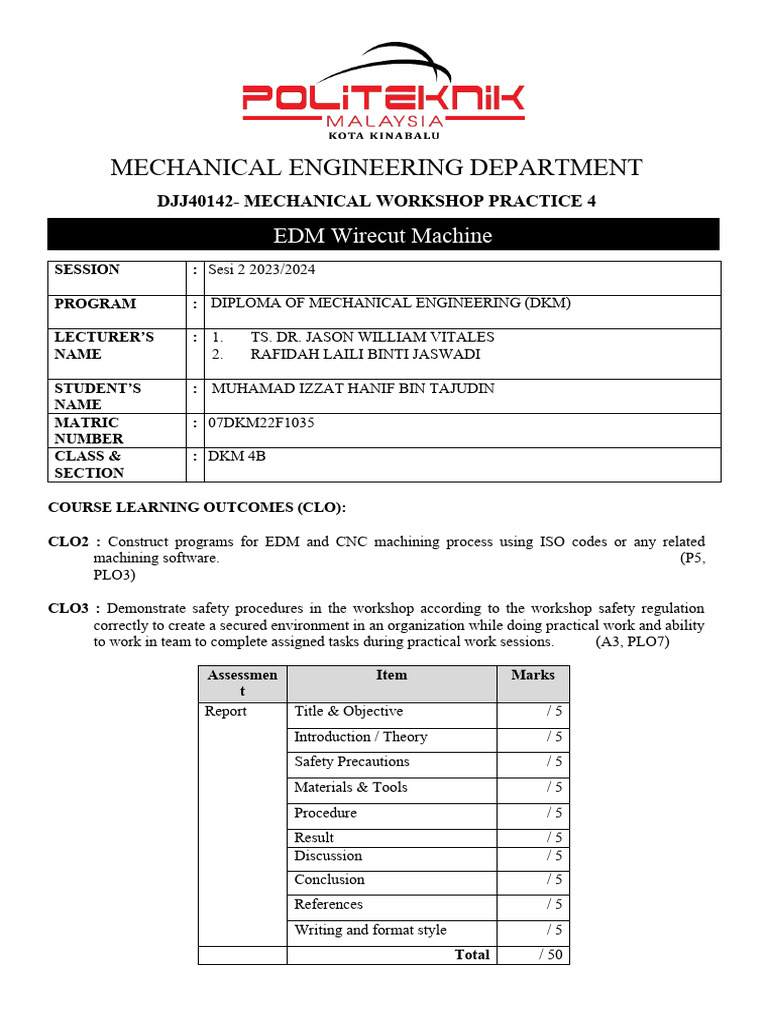 DJJ40142 Lab Report EDM - IZZAT HANIF (07DKM22F1035) | PDF | Machining | Industrial Processes