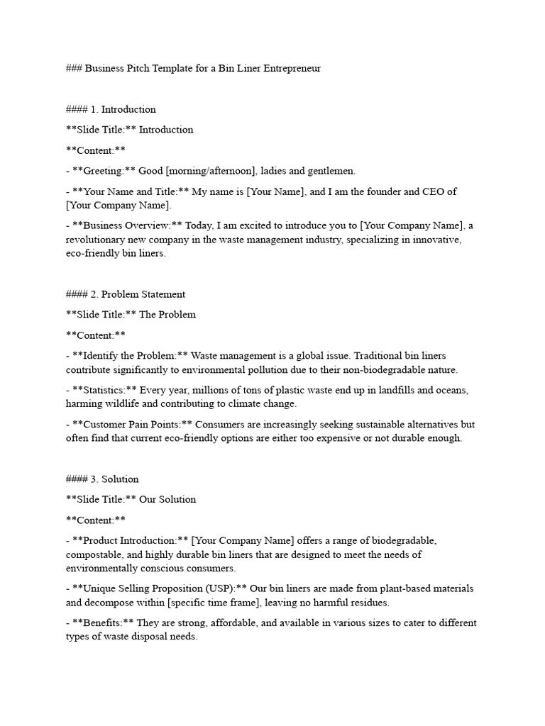 A Business Pitch Template For A Bin Liner Entrepeneur | PDF | Marketing ...