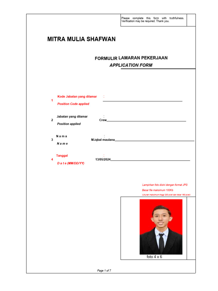 Formulir Lamaran Kerja Mms | PDF