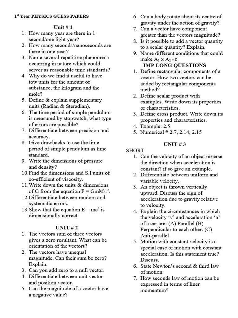 1st Year Physics Guess Papers | PDF | Oscillation | Gases