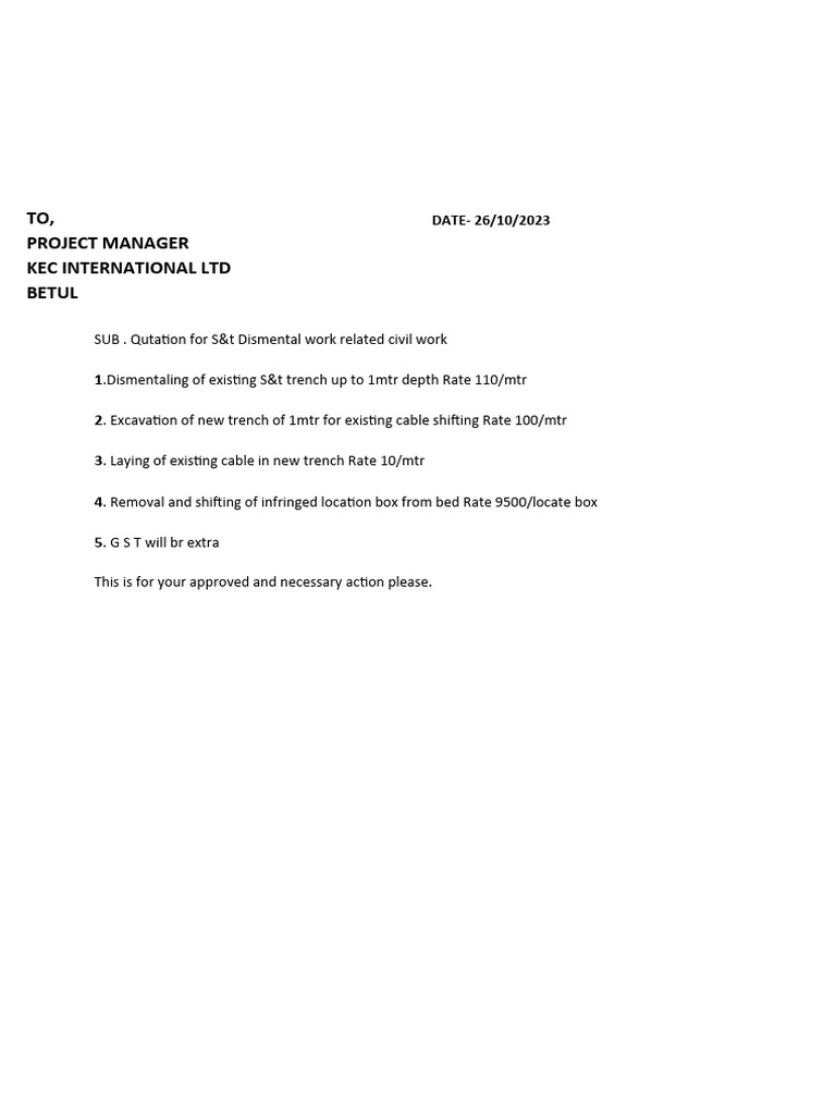 Cable Trench Letter For Kec | PDF | Technology & Engineering