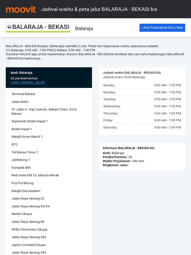 Jadwal Waktu & Peta Jalur BALARAJA - BEKASI Bis | PDF