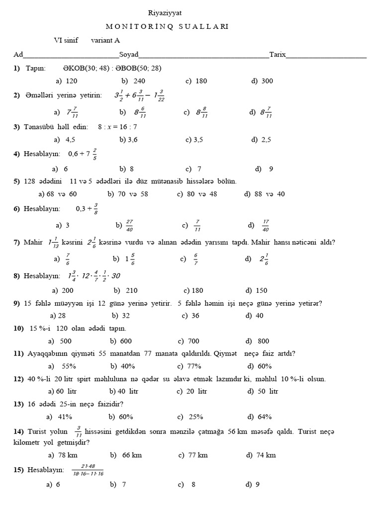 Riyaziyyat v, VI, VIII, IX Sinif Monitorinq (1) | PDF