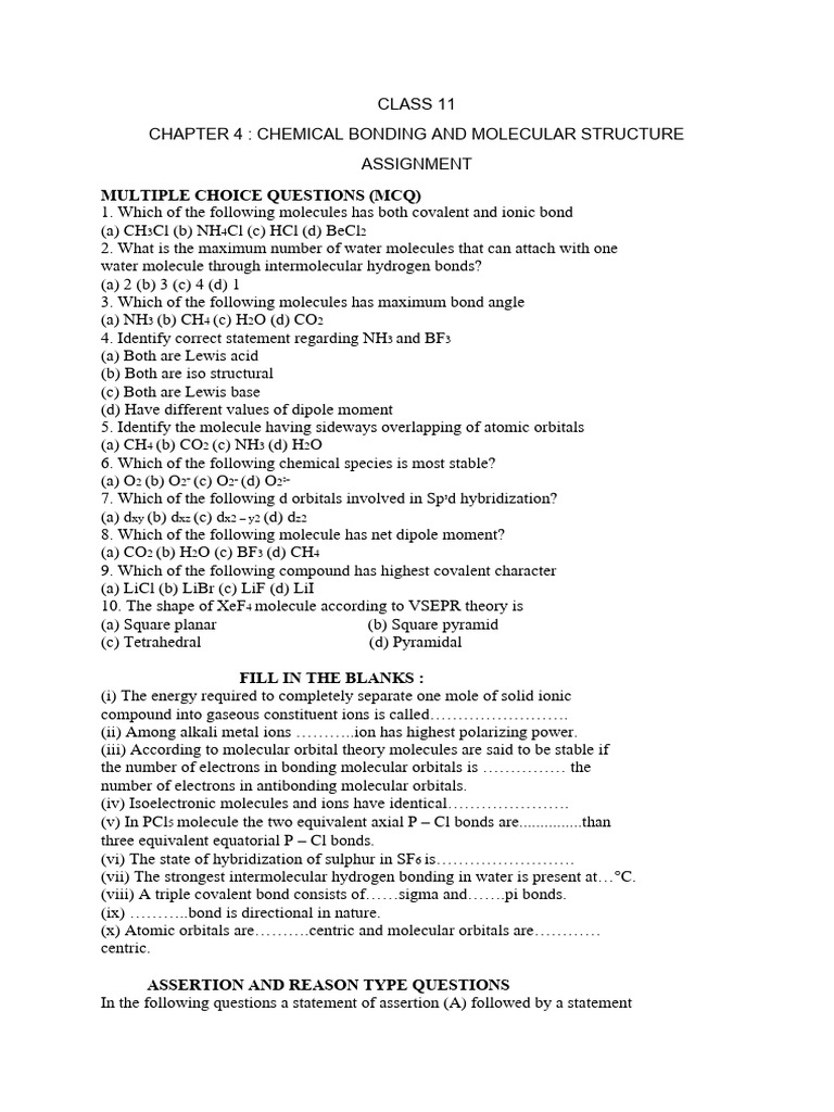 CL-11 CH-4 ASSIGNMENT | PDF | Chemical Bond | Molecules
