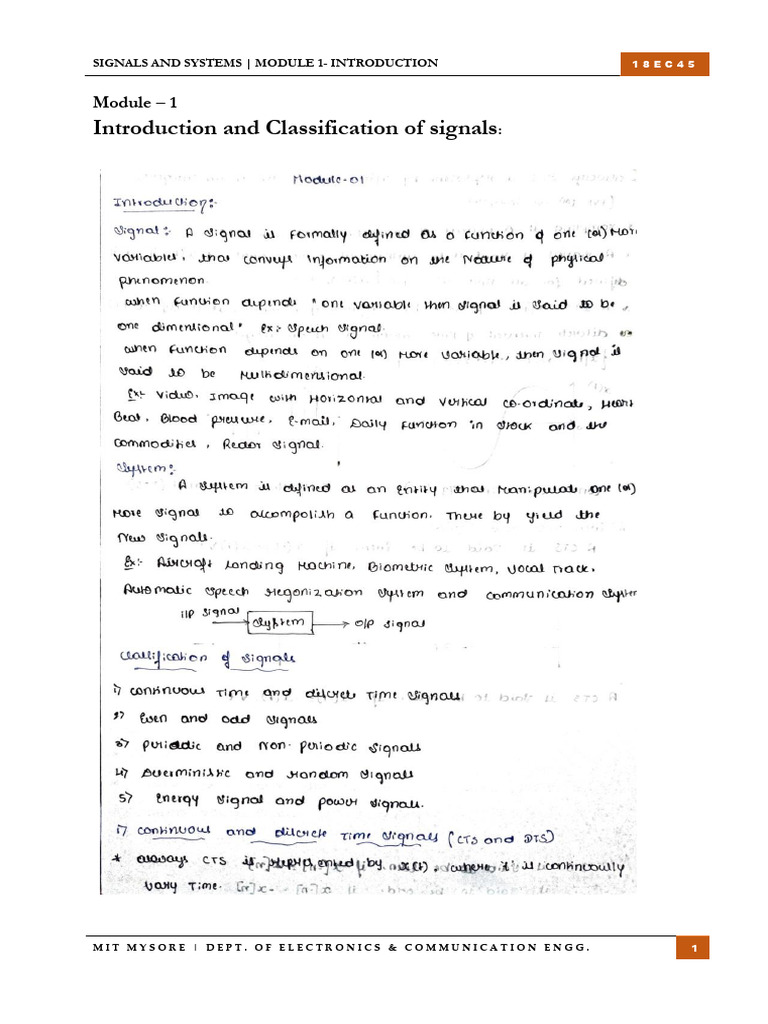 18EC45 - Module 1 - Introduction To Signals and Systems | PDF ...