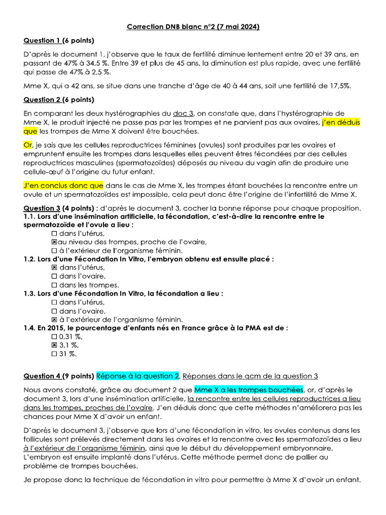 Correction Élèves DNB Blanc2 SVT 2023 24 | PDF