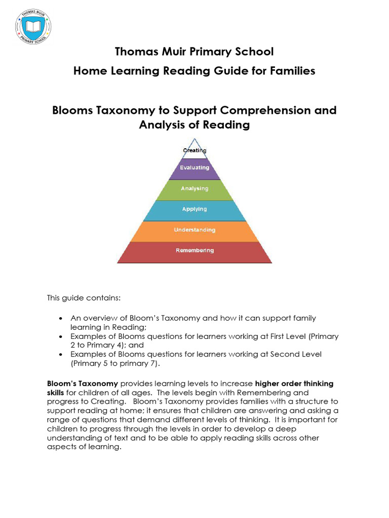 Home Learning Reading Guide: Bloom's Taxonomy | PDF | Reading ...