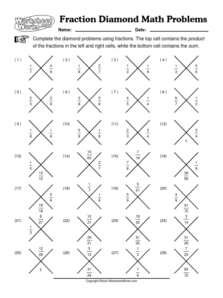 WorksheetWorks Fraction Diamond Math Problems 8 | PDF
