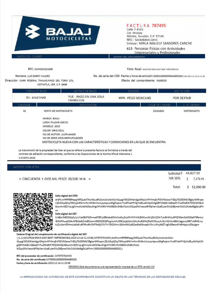 Factura Bajaj Pulsar 3 | Descargar gratis PDF | Vehículo de motor