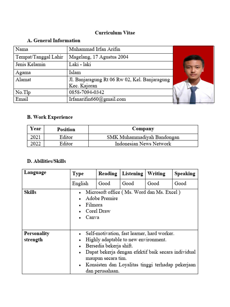 CV Muhammad Irfan Arifin | PDF