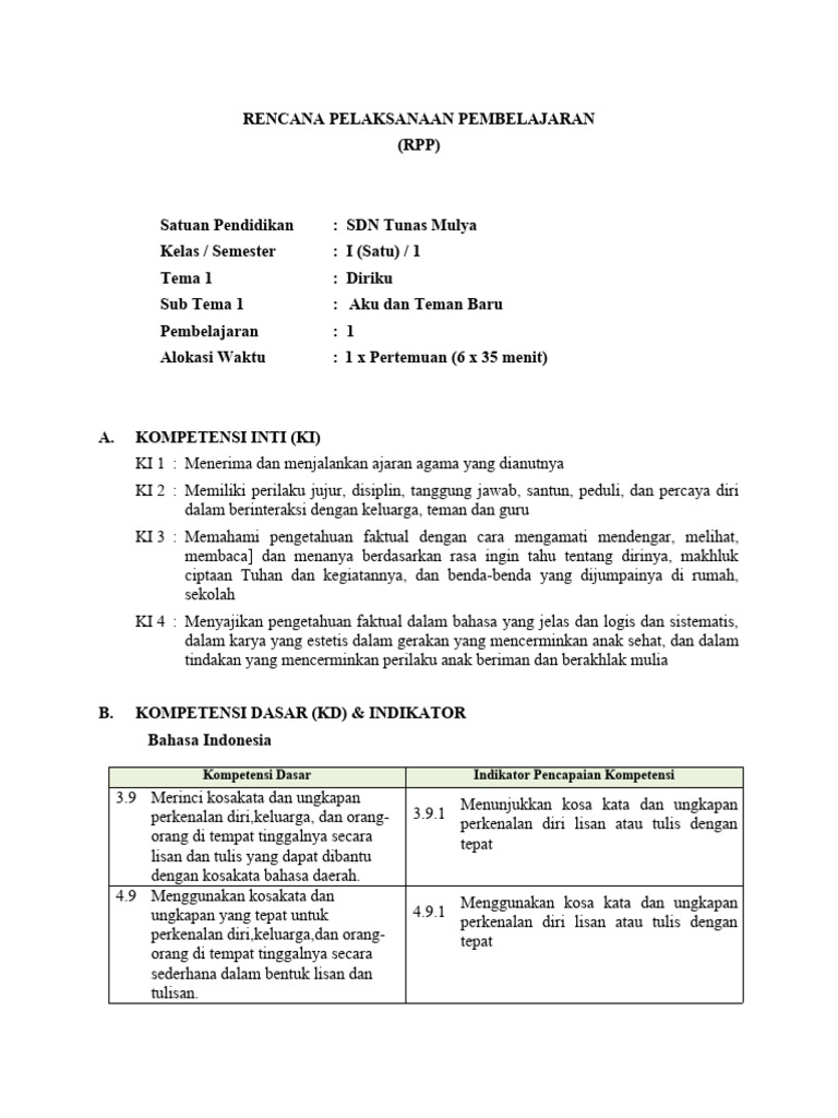 RPP Kelas 1 Tema 1 | PDF