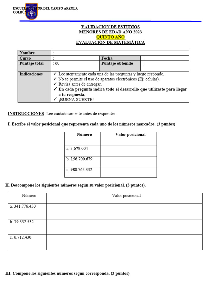 PRUEBA DE MATEMATICA 5° | PDF