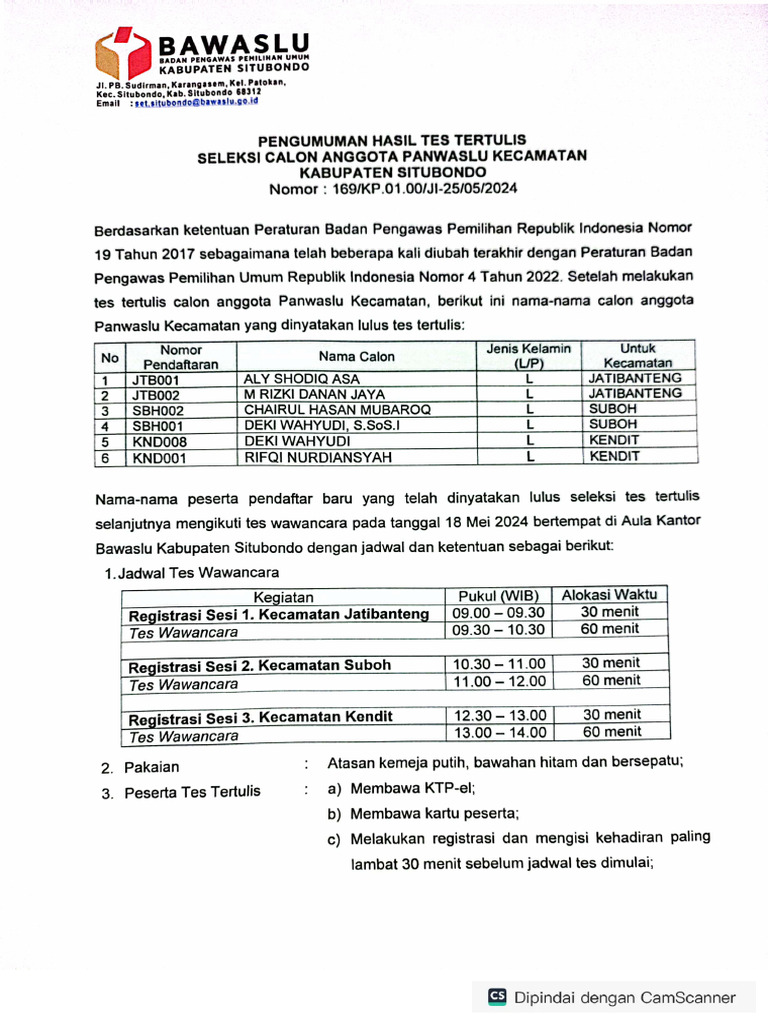 169.KP - Pengumuman Hasil Tes Tertulis | PDF