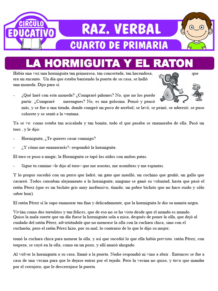 Lectura Sobre La Hormiguita Y El Raton Para Cuarto De Primaria Pdf