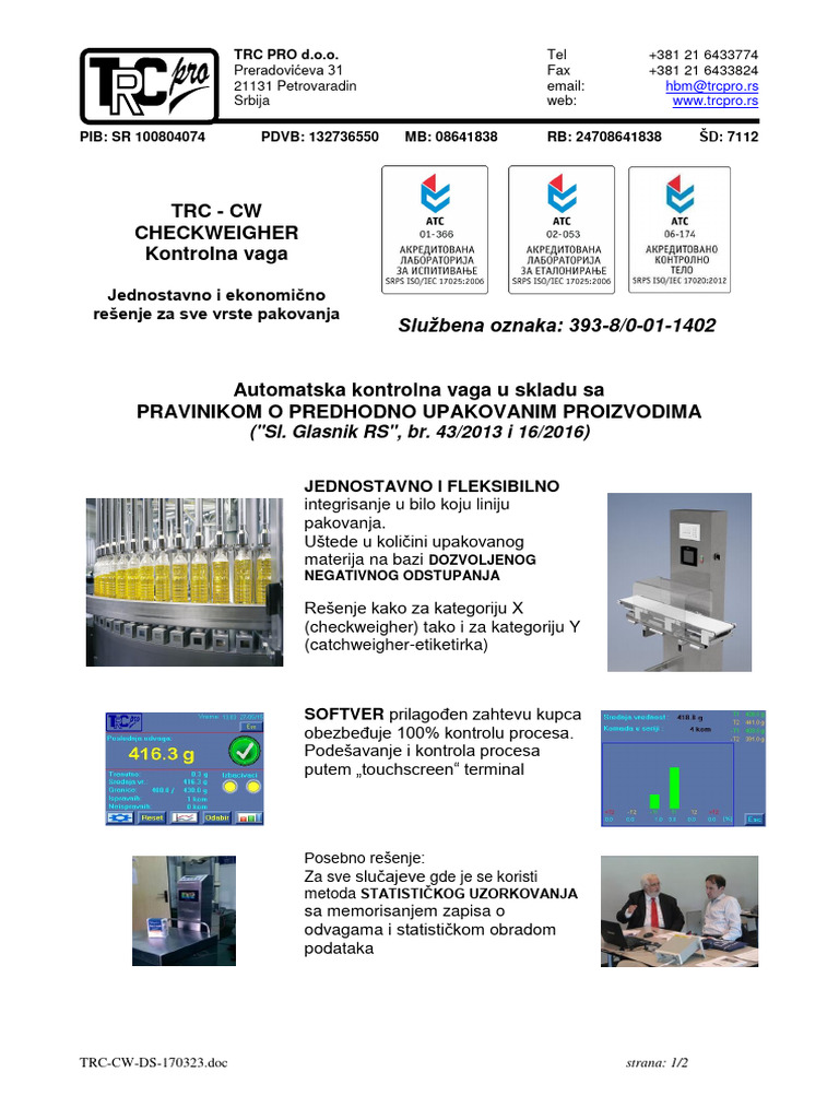 Automatska Kontrolna Vaga U Skladu Sa Pravilnikom o PUP - TRC-CW-DS ...