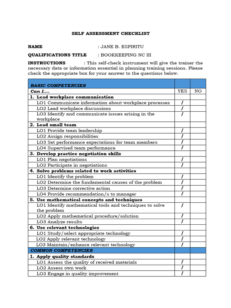 LO1 Preparing Self Assessment Checklist Final | PDF | Information | Data